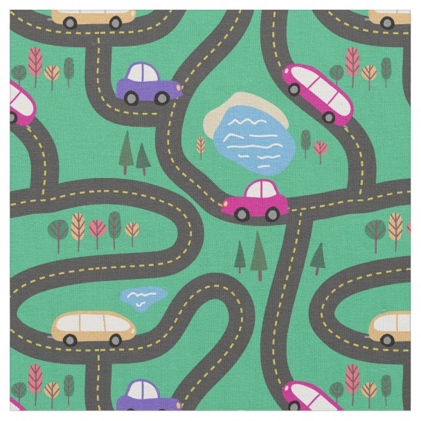 Red & Blue Cars - Kids Road Map Fabric | Zazzle