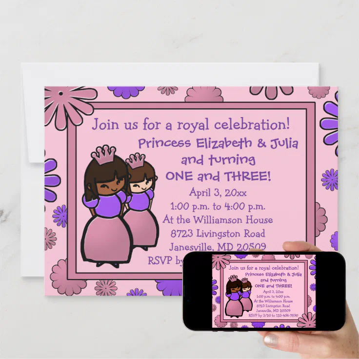 Pink & Purple Double Princess Birthday Invitation | Zazzle