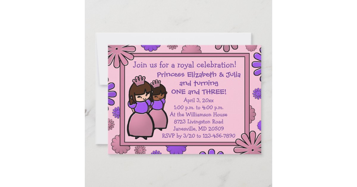 Pink & Purple Double Princess Birthday Invitation | Zazzle