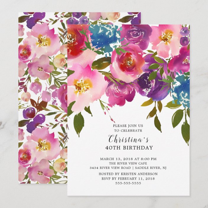 Pink & Purple Floral Birthday Party Invitation | Zazzle.com