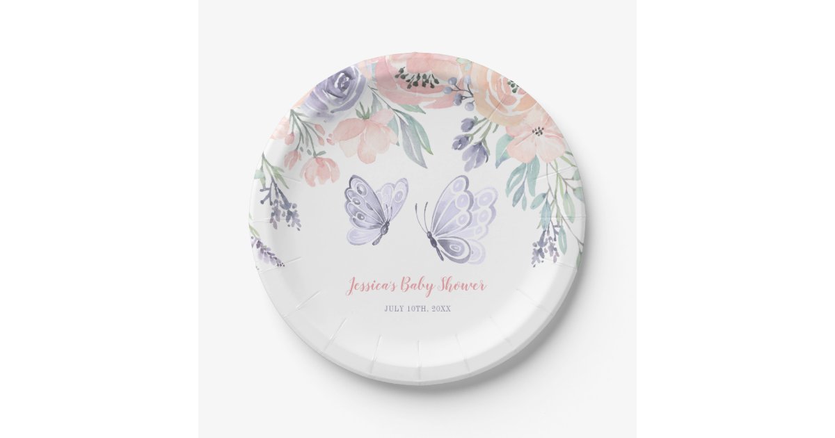 Pink Purple Floral Butterfly Girl Baby Shower Paper Plates | Zazzle