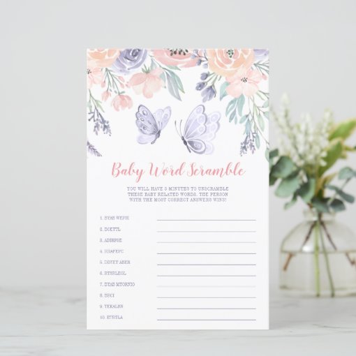 Pink Purple Floral Butterfly Word Scramble Game | Zazzle