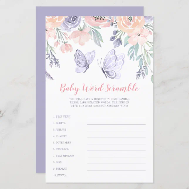 Pink Purple Floral Butterfly Word Scramble Game | Zazzle