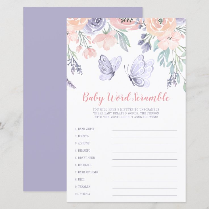Pink Purple Floral Butterfly Word Scramble Game | Zazzle