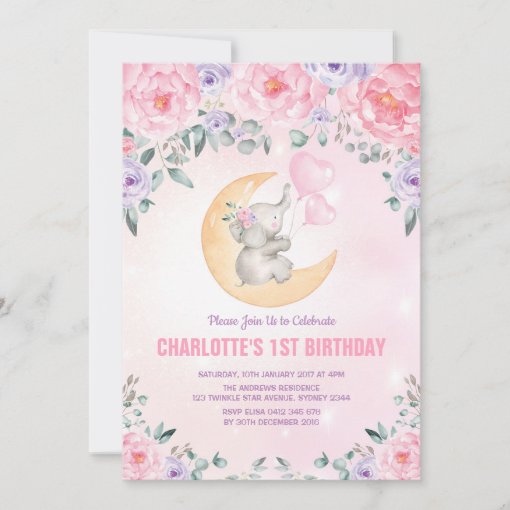 Pink & Purple Floral Elephant Birthday Party Invitation | Zazzle