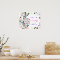 Pink Purple Floral Elephant Eucalyptus Welcome Poster | Zazzle