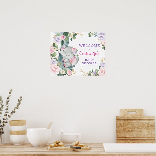 Pink Purple Floral Elephant Eucalyptus Welcome Poster | Zazzle
