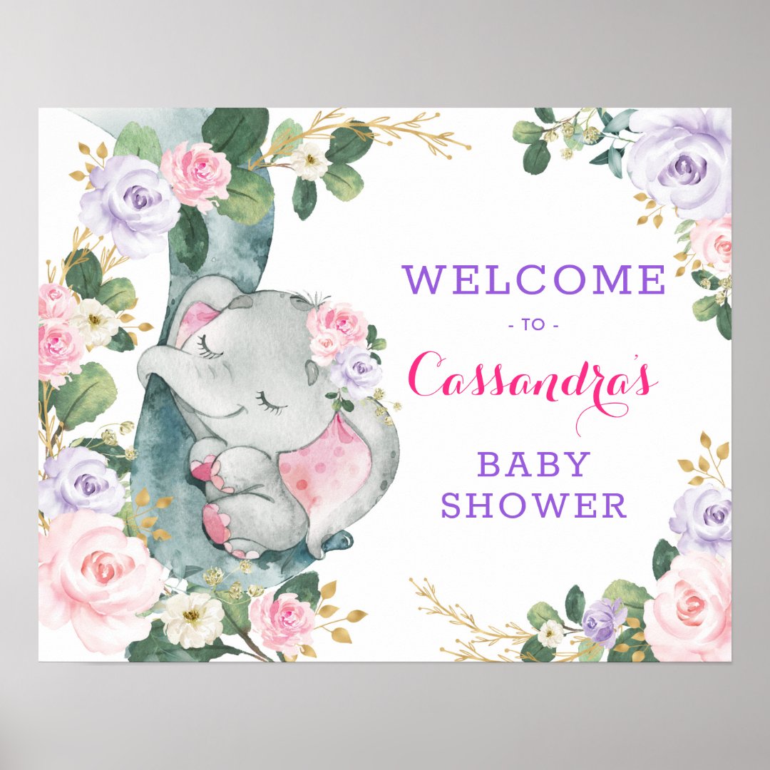 Pink Purple Floral Elephant Eucalyptus Welcome Poster | Zazzle