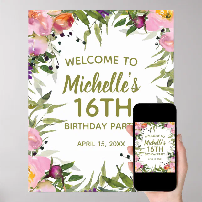Pink Purple Floral Green Leaves 16th Birthday Poster | Zazzle