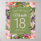 Pink Purple Floral Green Leaves 18th Birthday Poster | Zazzle