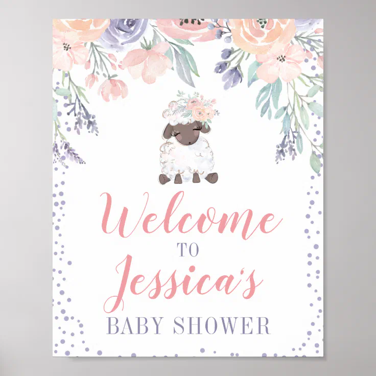 Pink Purple Floral Lamb Baby Shower Welcome Sign | Zazzle
