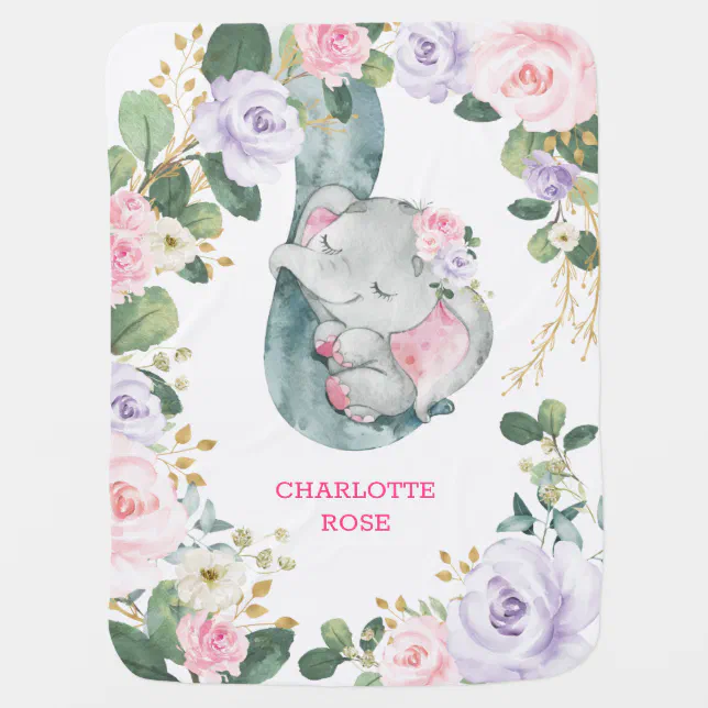 Pink Purple Floral Sleeping Elephant Girl Nursery Baby Blanket | Zazzle
