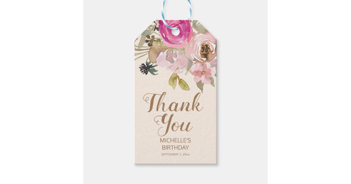Pink Purple Floral Surprise Birthday Thank You Gift Tags | Zazzle