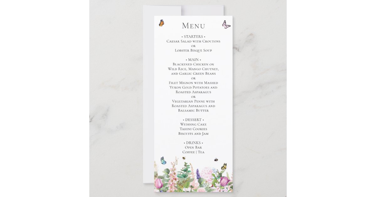 Pink Purple Flowers with Butterflies Menu Card | Zazzle
