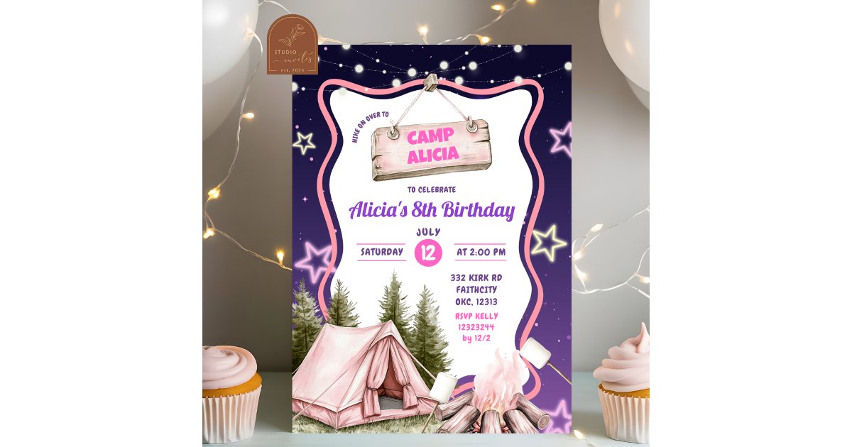 Pink Purple Girl Camping Birthday Invitation | Zazzle