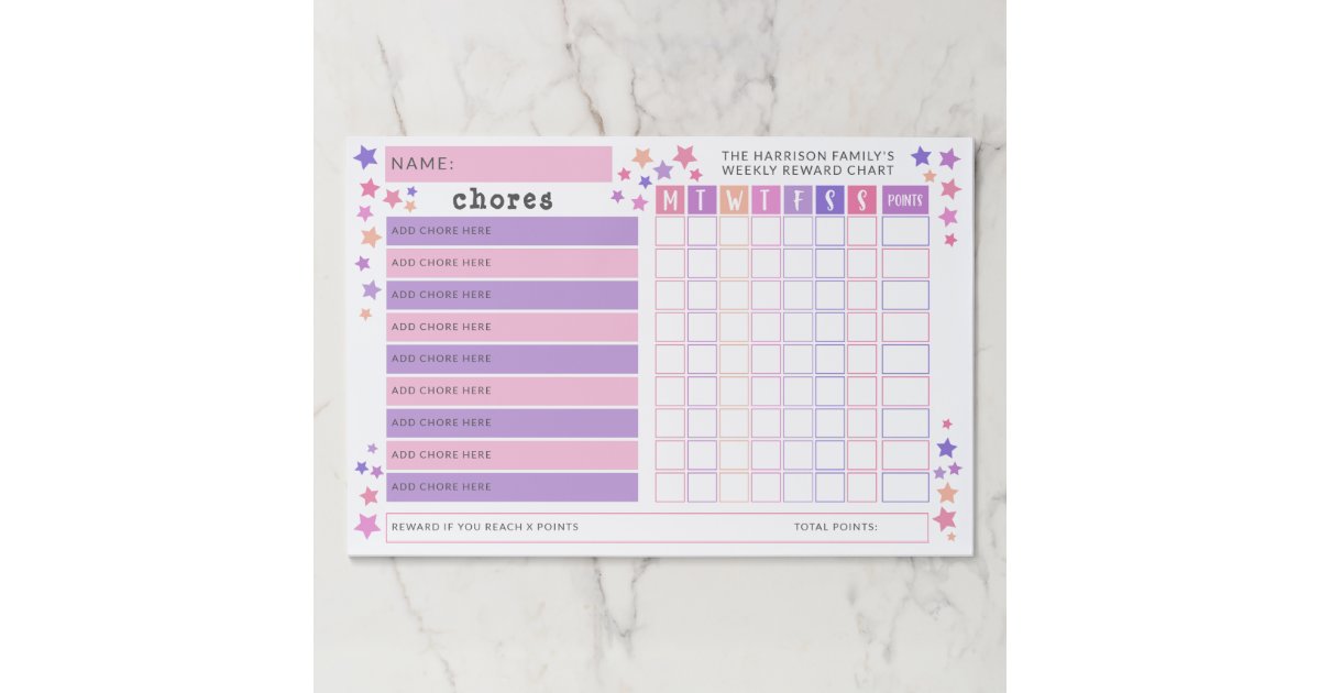 Pink Purple Girl Chore Reward Chart Paper Pad | Zazzle