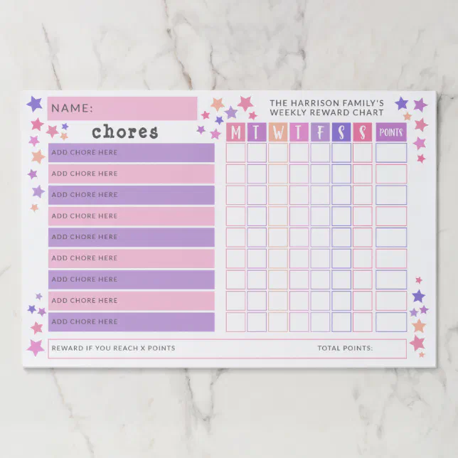 Pink Purple Girl Chore Reward Chart Paper Pad | Zazzle