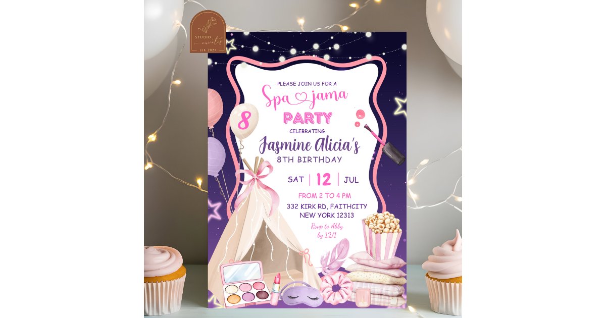 Pink Purple Girl Spa-jama Birthday Invitation | Zazzle