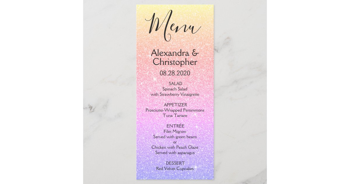 Pink Purple Glitter and Sparkle Wedding Menu | Zazzle