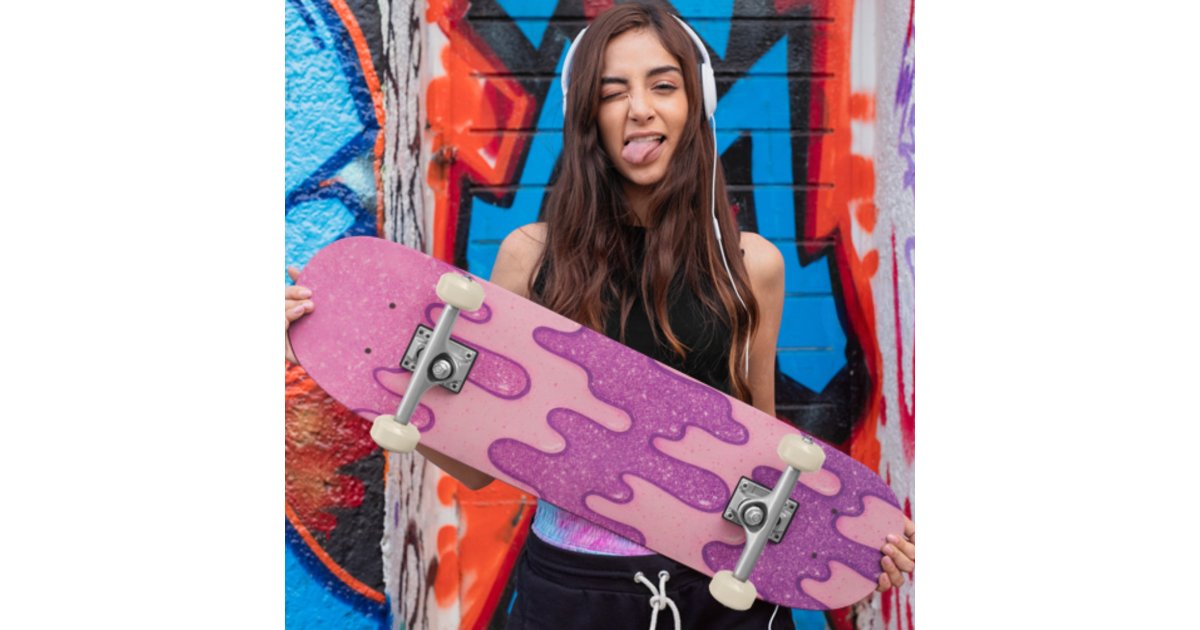 Pink & Purple Glitter Drip Aesthetic Melting Skateboard | Zazzle