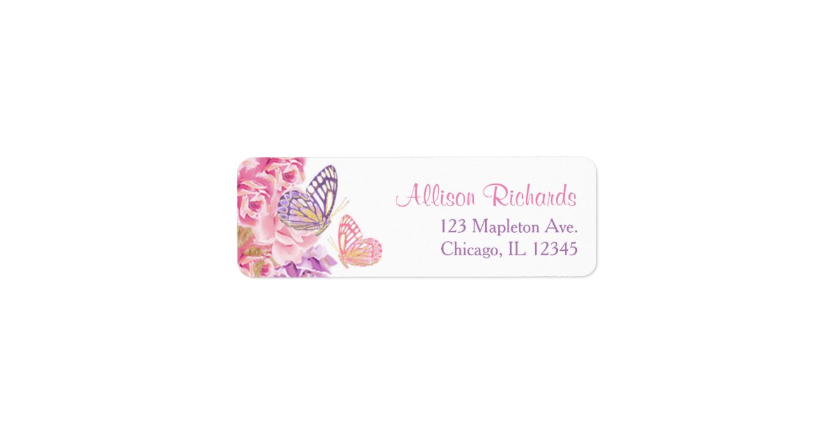 Pink purple gold floral butterfly label | Zazzle