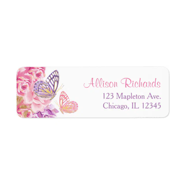 Pink purple gold floral butterfly label | Zazzle