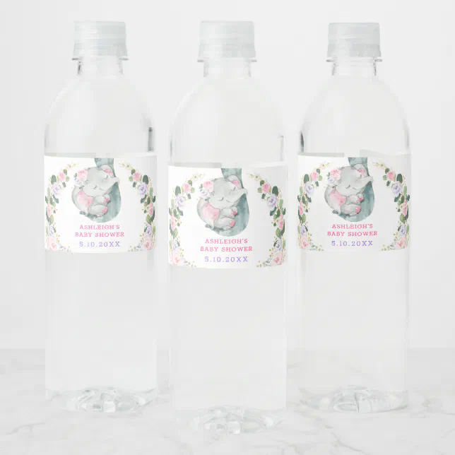 Pink Purple Gold Floral Elephant Baby Shower Favor Water Bottle Label ...