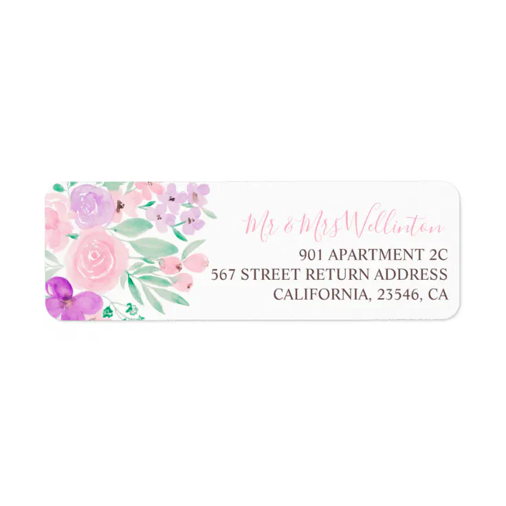 Pink purple green floral return wedding label | Zazzle