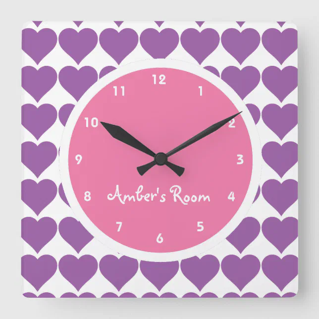 Pink & Purple Heart Print Girl's Bedroom Square Wall Clock | Zazzle