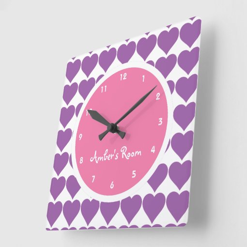 Pink & Purple Heart Print Girl's Bedroom Square Wall Clock | Zazzle