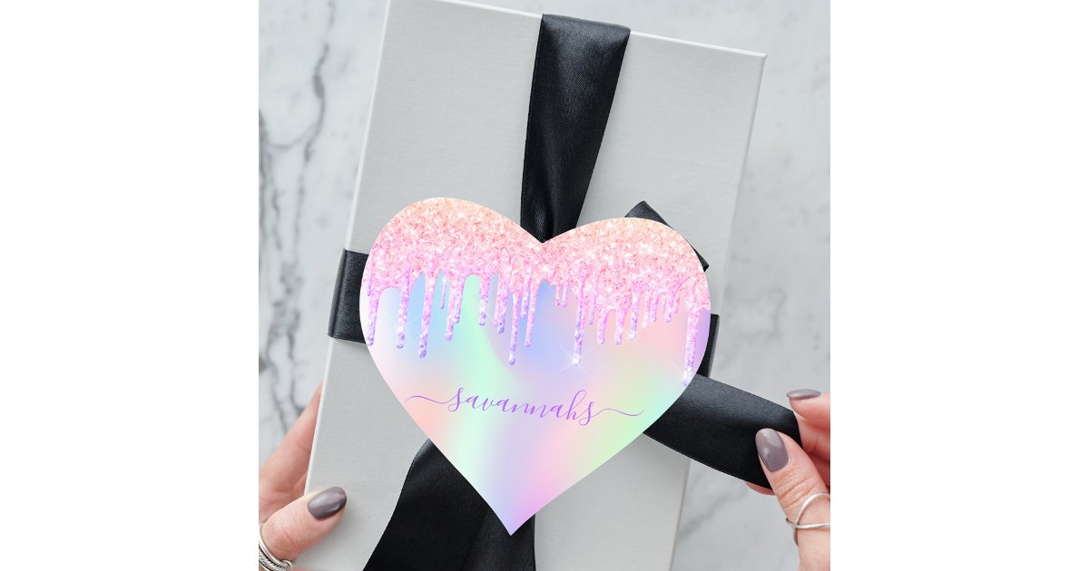 Pink purple holographic drips birthday heart sticker | Zazzle