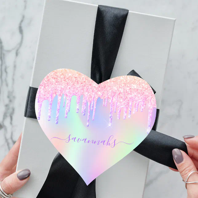 Pink purple holographic drips birthday heart sticker | Zazzle