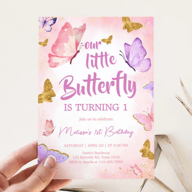Pink Purple Little Butterfly Birthday Party Invitation | Zazzle