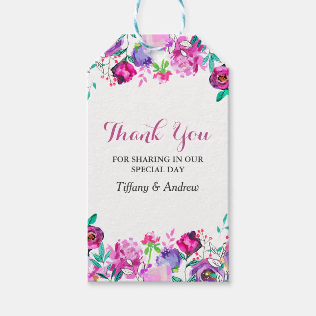 Pink Purple Mint Watercolor Flowers Wedding Gift Tags | Zazzle