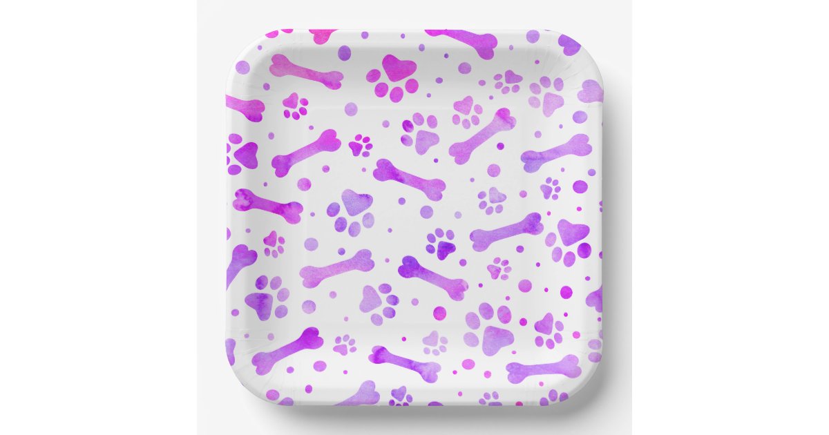 Pink Purple Paw Prints Birthday Watercolor Square Paper Plates | Zazzle