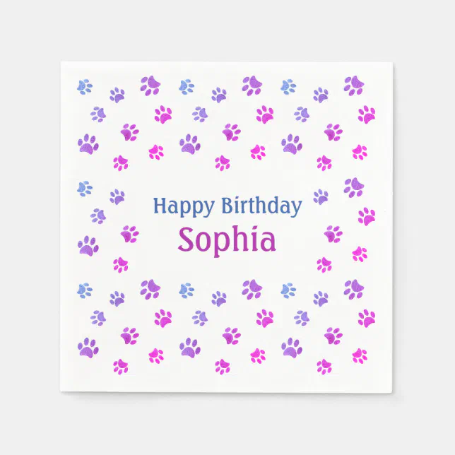 Pink Purple Paw Prints Pink Custom Pet Birthday Napkins | Zazzle