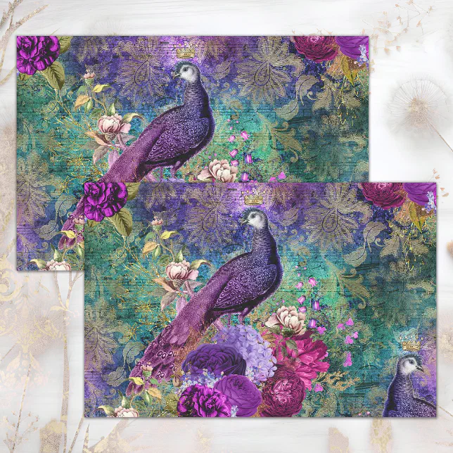 PINK PURPLE PEACOCK FLORAL COLLAGE DECOUPAGE TISSUE PAPER | Zazzle