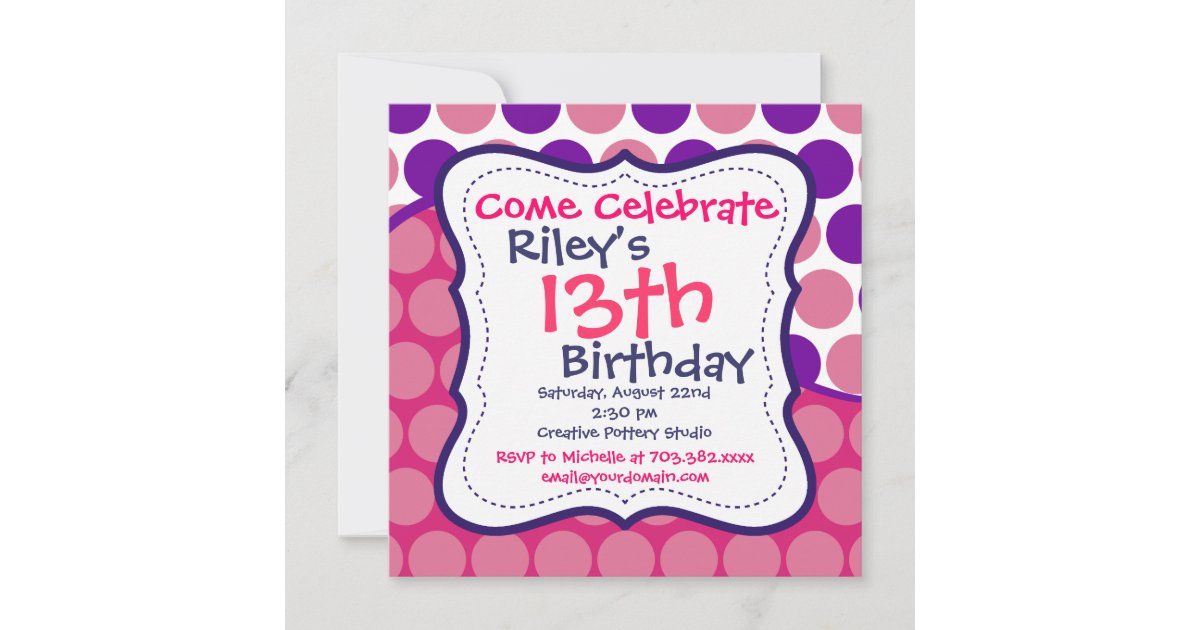Pink Purple Polka Dots Birthday Party Invitations | Zazzle