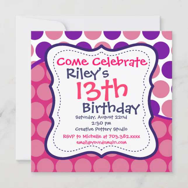 Pink Purple Polka Dots Birthday Party Invitations | Zazzle