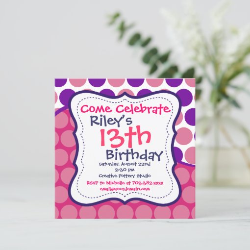 Pink Purple Polka Dots Birthday Party Invitations | Zazzle