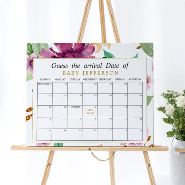 Pink & Purple Rose Floral Guess Due Date Calendar Poster | Zazzle