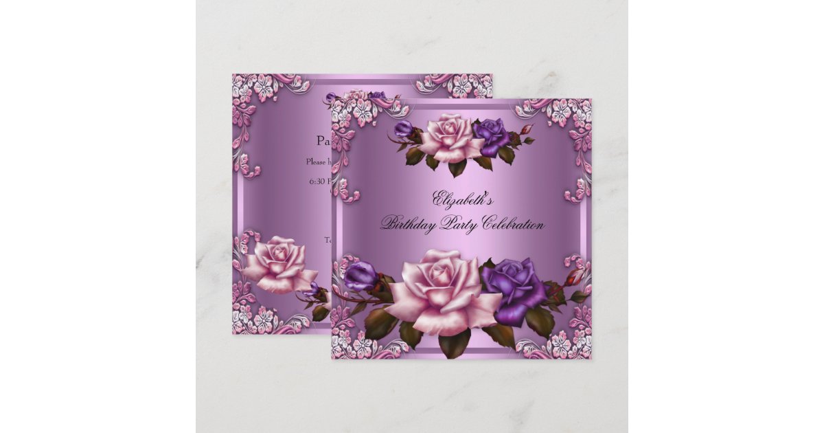 Pink Purple Roses Elegant Birthday Party Invitation | Zazzle