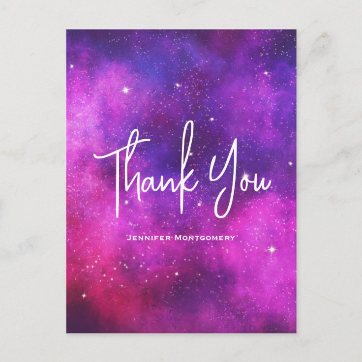 Pink & Purple Space & Stars Faux Galaxy Thank You Postcard | Zazzle