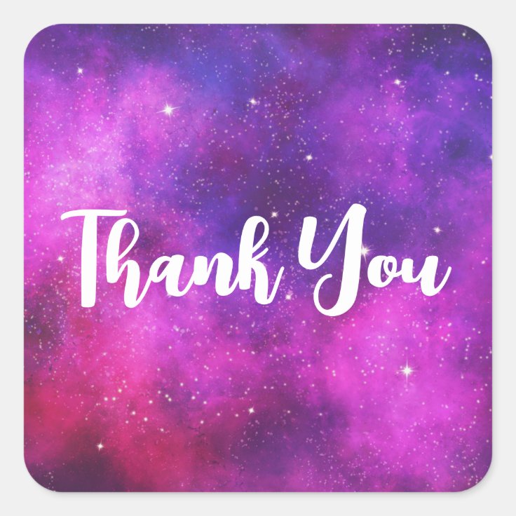 Pink & Purple Space & Stars Faux Galaxy Thank You Square Sticker | Zazzle