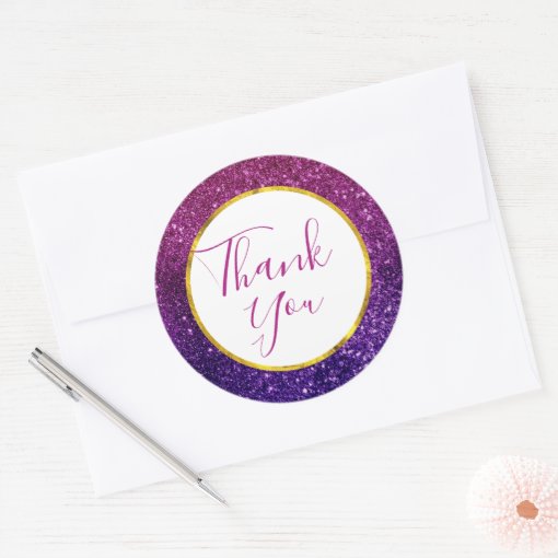 Pink Purple Sparkling Glitter Gemstones Thank You Classic Round Sticker ...
