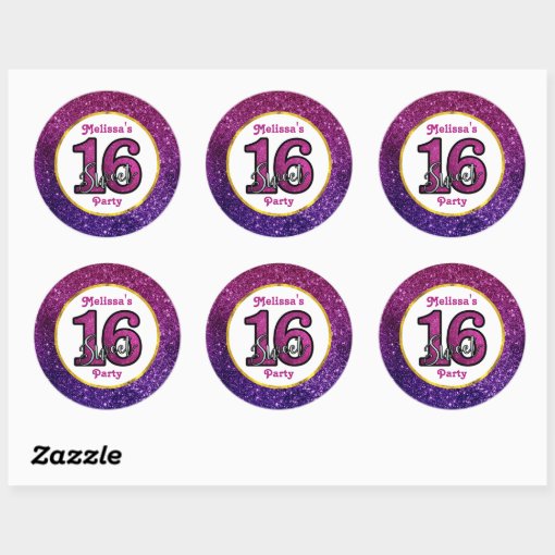 Pink & Purple Sweet 16 Sparkle Glitter Gemstones Classic Round Sticker ...