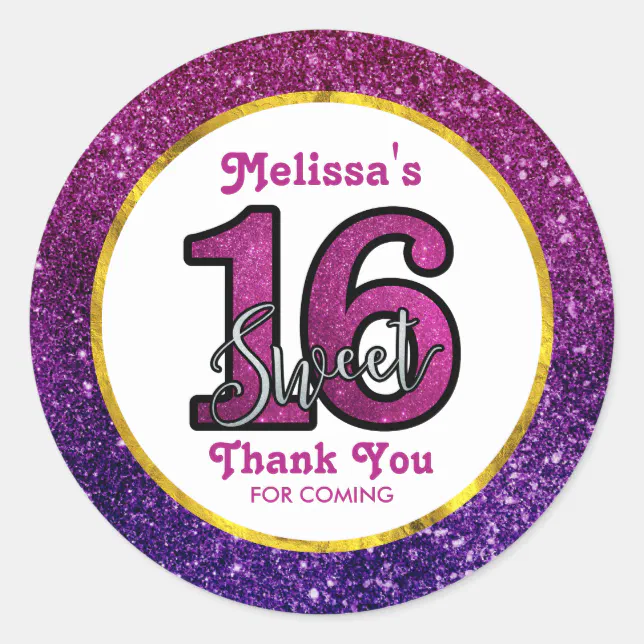 Pink & Purple Sweet 16 Sparkle Glitter Thank You Classic Round Sticker ...