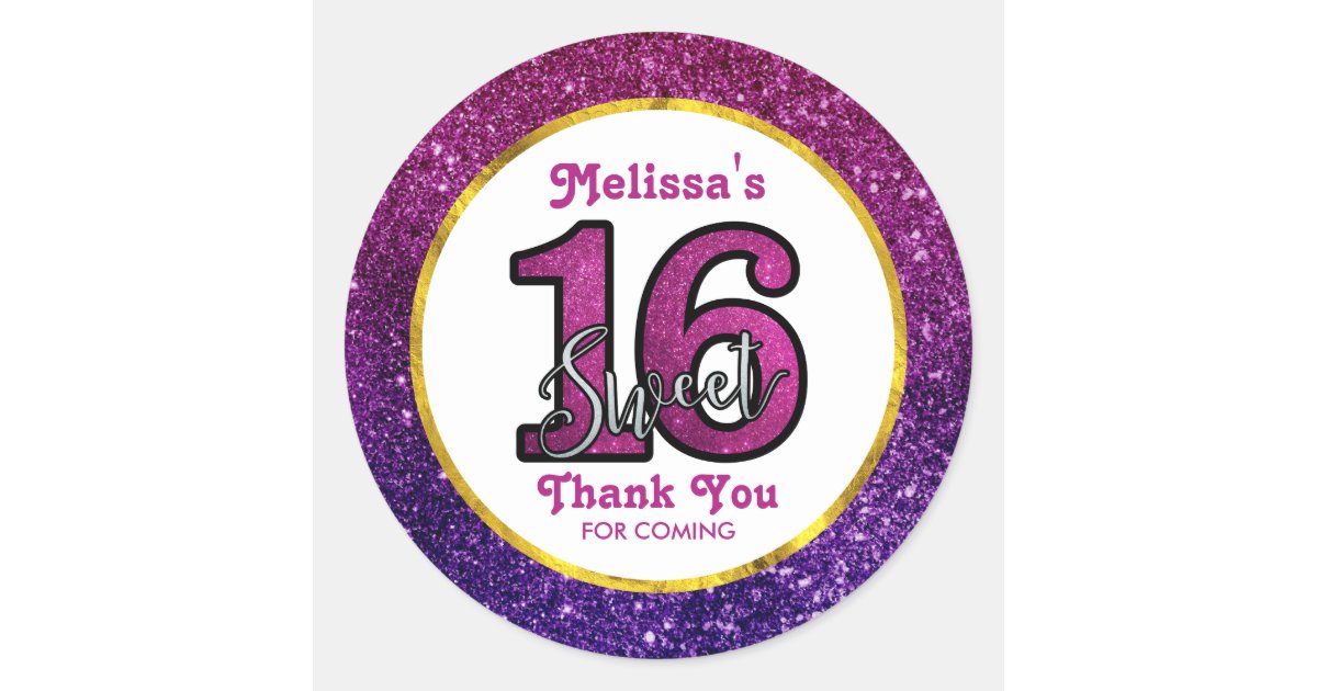 Pink & Purple Sweet 16 Sparkle Glitter Thank You Classic Round Sticker ...
