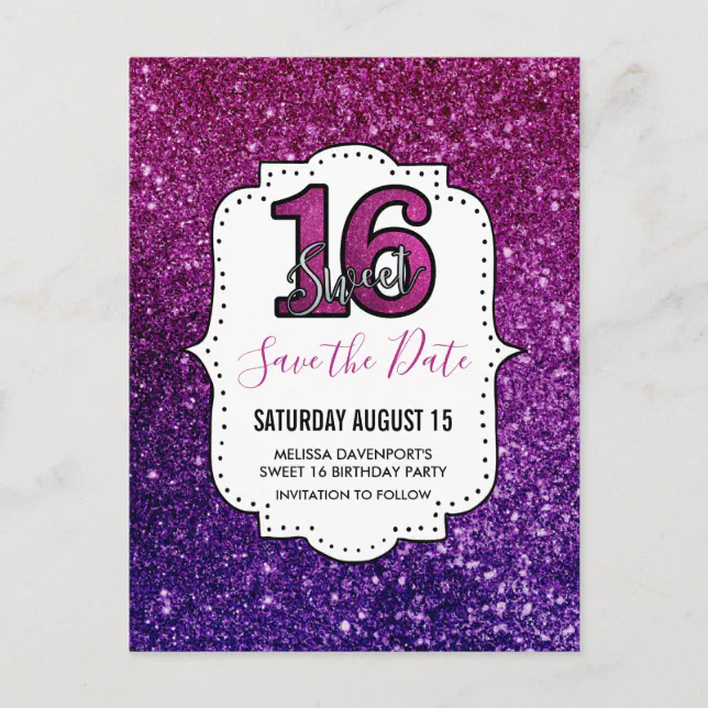 Pink & Purple Sweet 16 Sparkling Save the Date Postcard | Zazzle