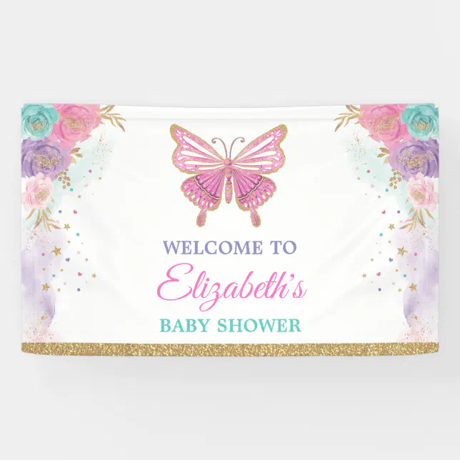 Pink Purple Teal Butterfly Girls Birthday Welcome Banner | Zazzle
